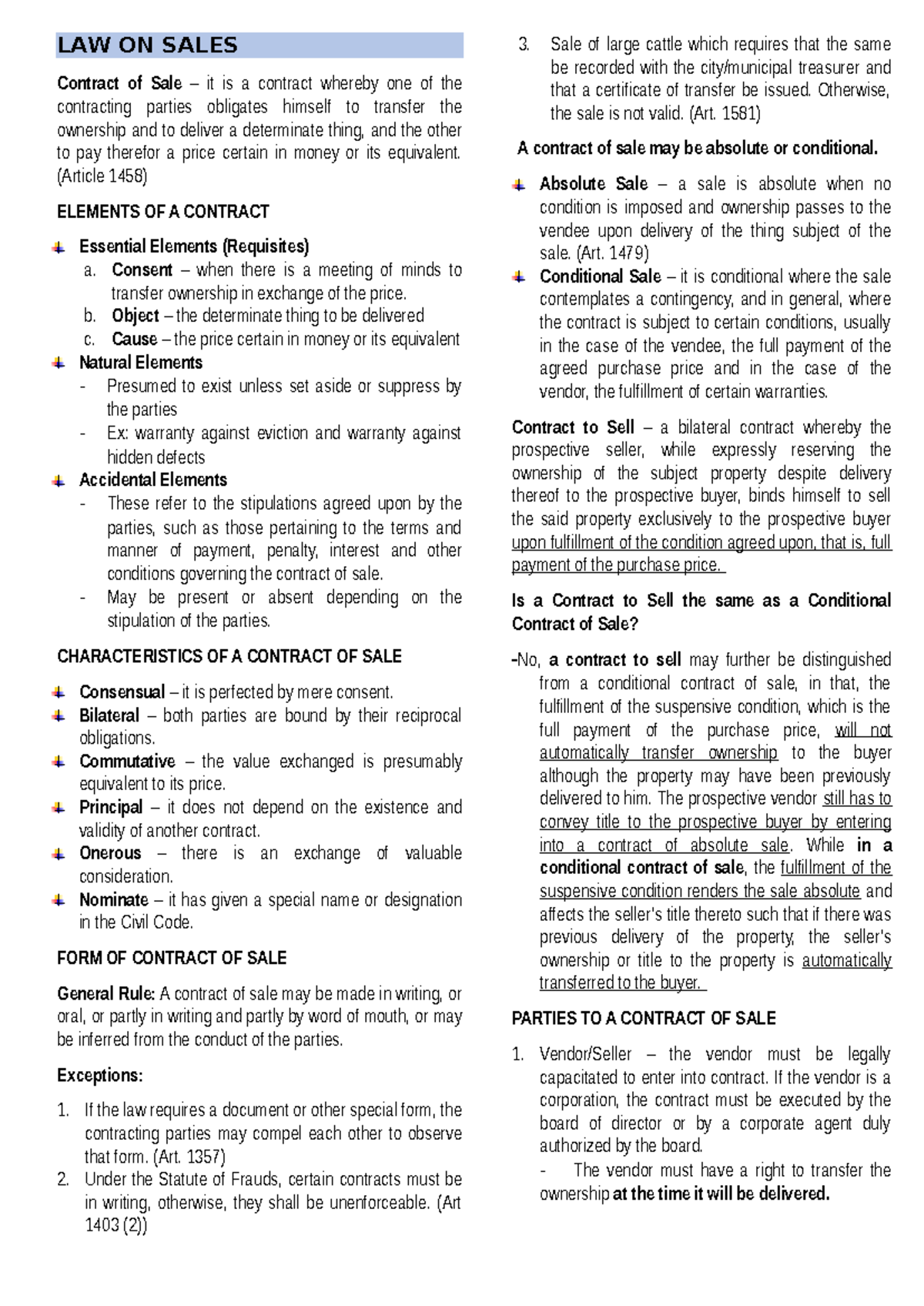 Law on Sales, Agency and Credit Transactions - LAW ON SALES Contract of ...