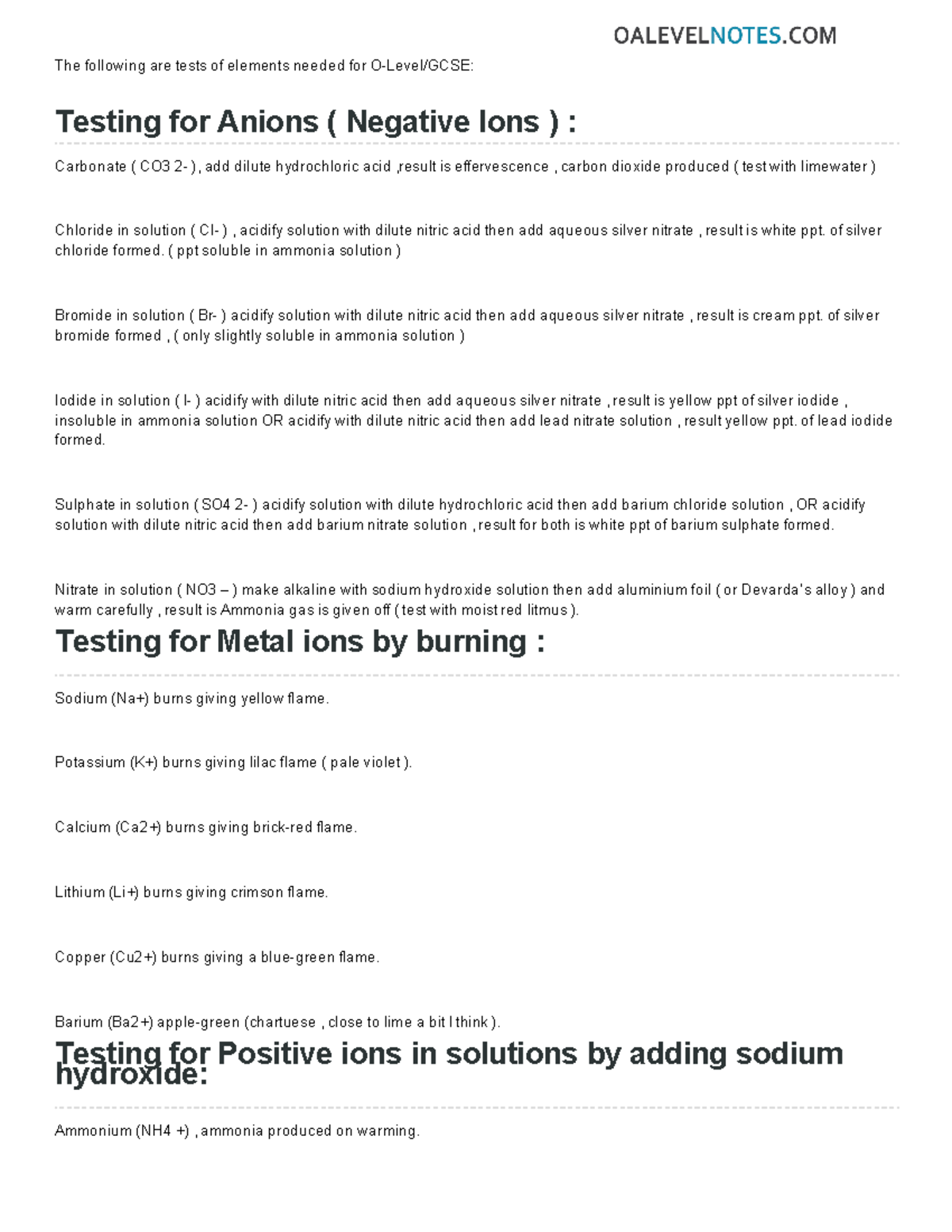Element Test Notes - The following are tests of elements needed for O ...