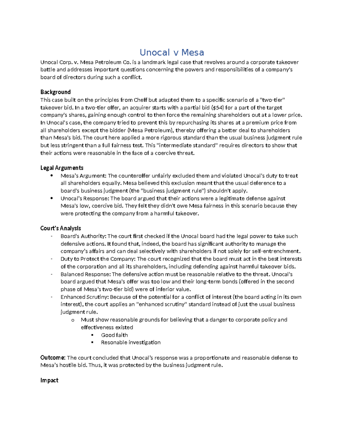 Unocal v Mesa - Business Organization Case - Unocal v Mesa Unocal Corp ...