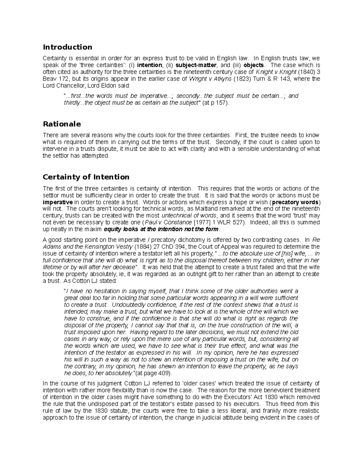 Certainty of intention - Introduction Certainty is essential in order for an express trust to be ...