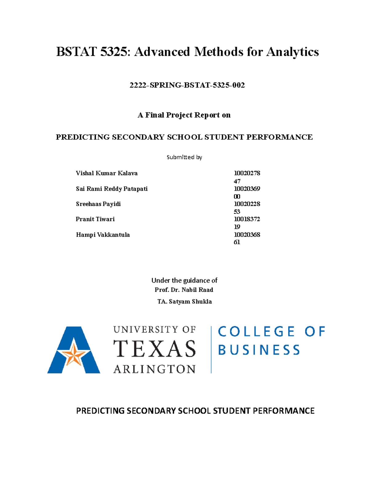 Bstat- project report - BSTAT 5325: Advanced Methods for Analytics 2222 ...