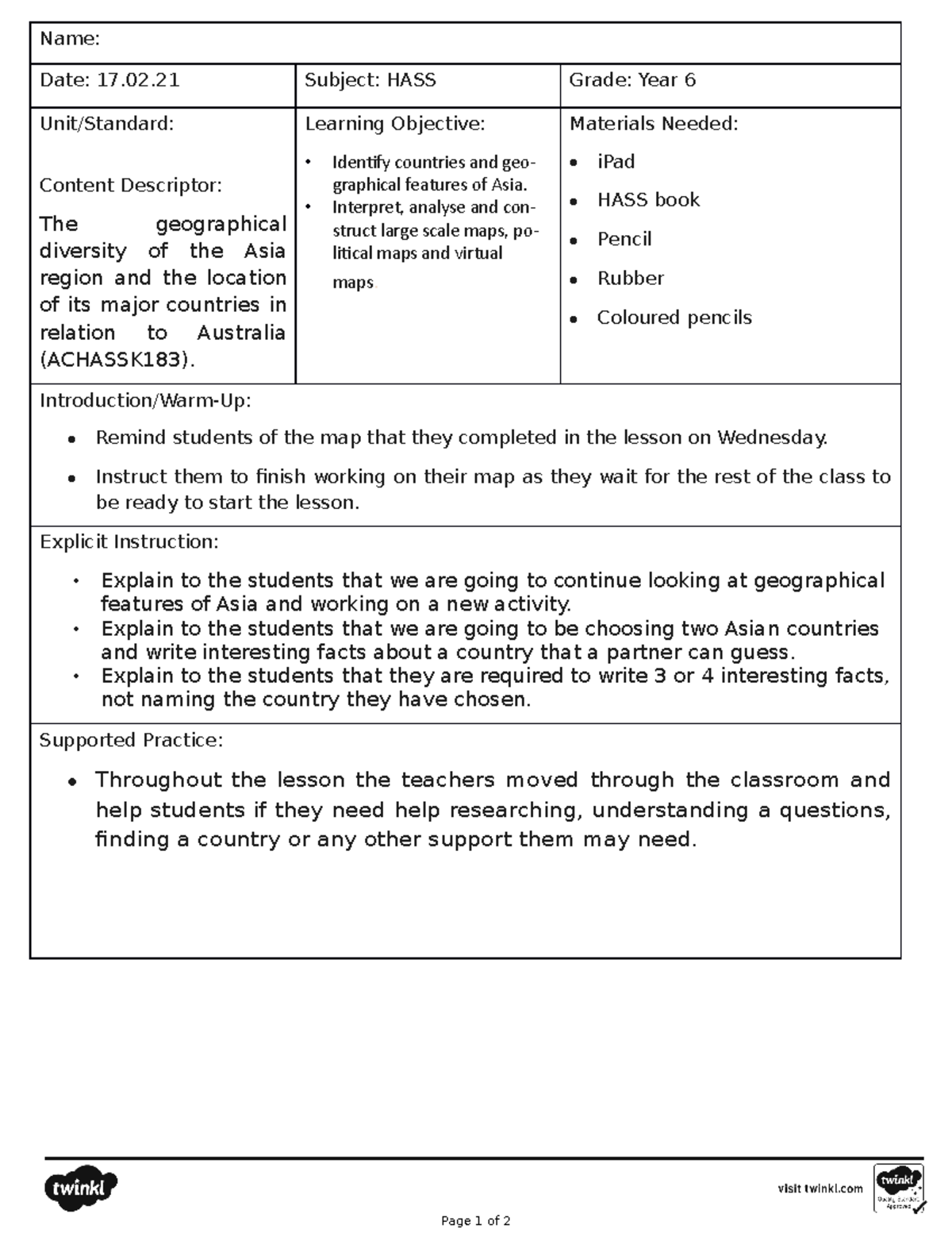 HASS 17 - Lesson Plans - Name: Date: 17.02 Subject: HASS Grade: Year 6 ...