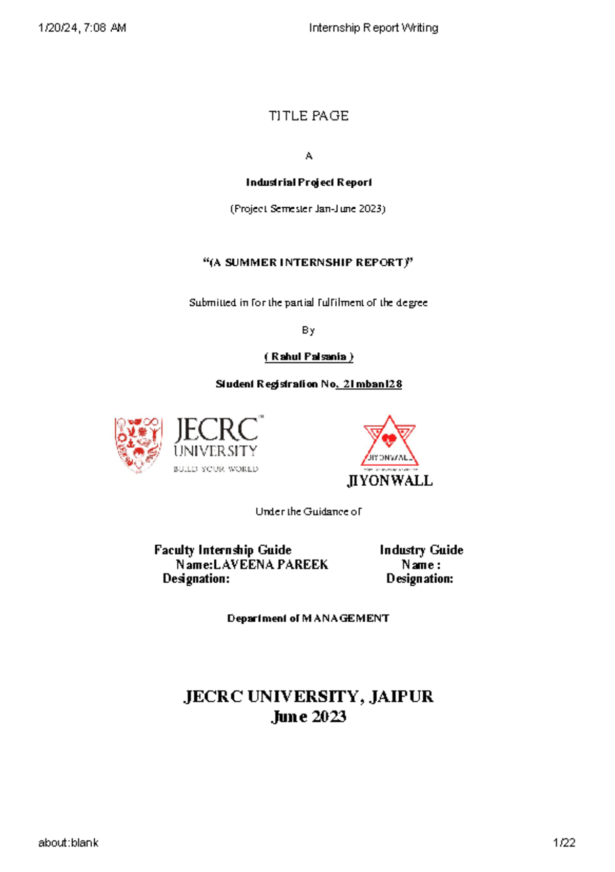 Internship Report Writing - TITLE PAGE A Industrial Project Report ...