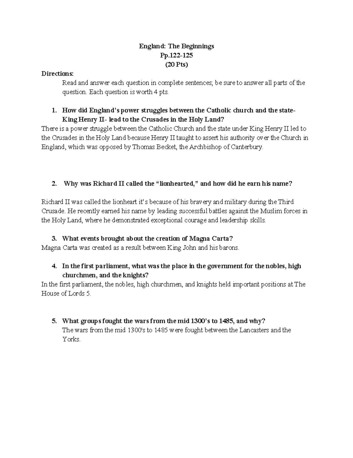 Historical Perspectives Comprehension Check - England: The Beginnings ...