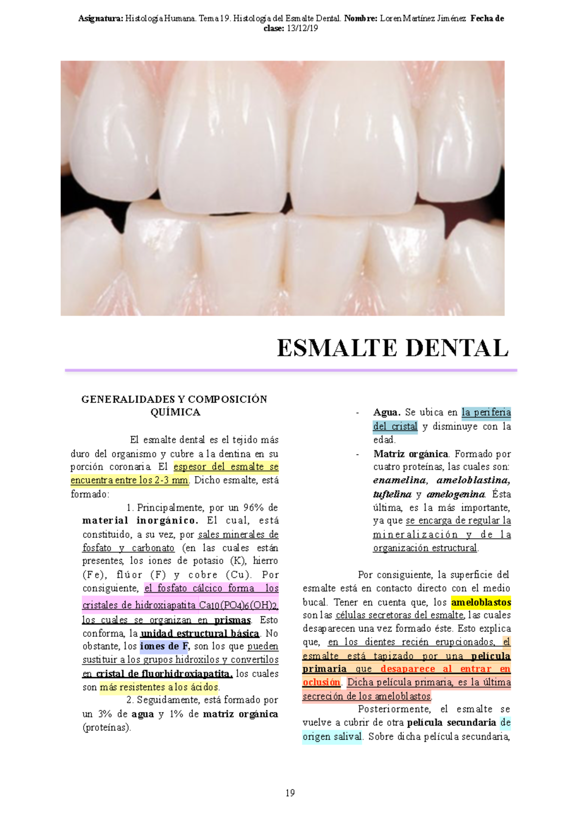 Tema 19. Histología del Esmalte - clase: 13/12/ GENERALIDADES Y ...