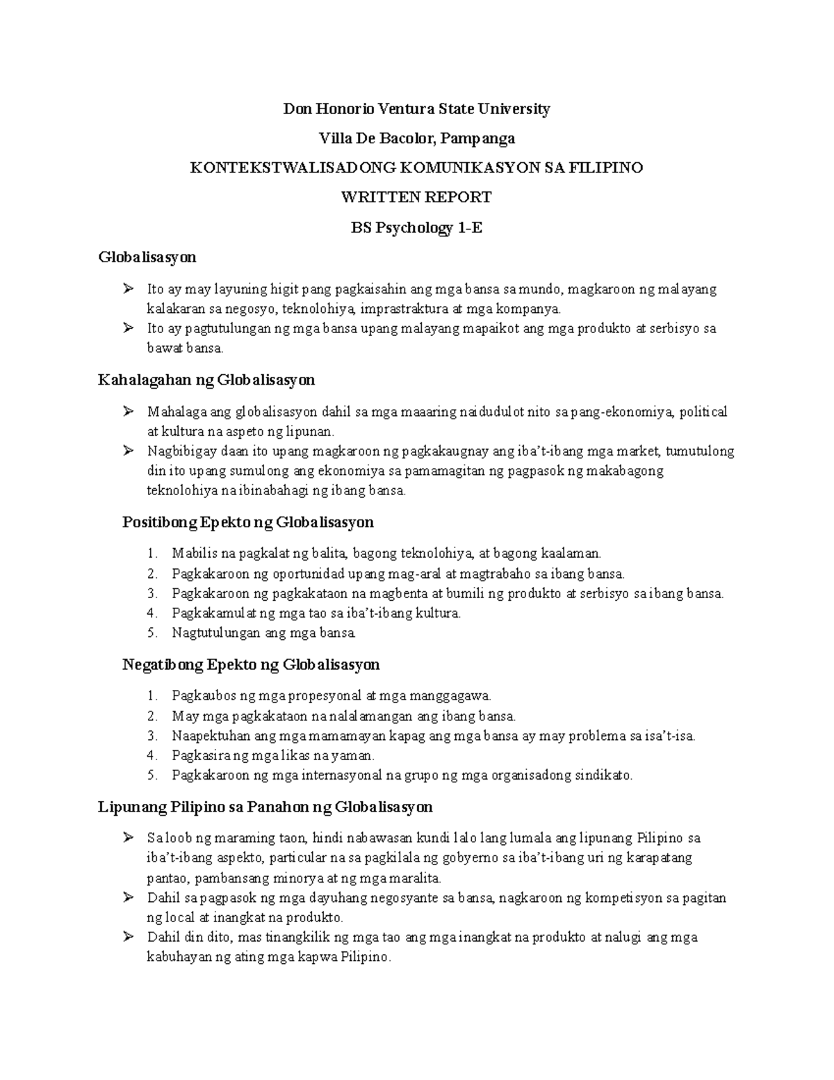 Filipino Written Report Short - Don Honorio Ventura State University ...