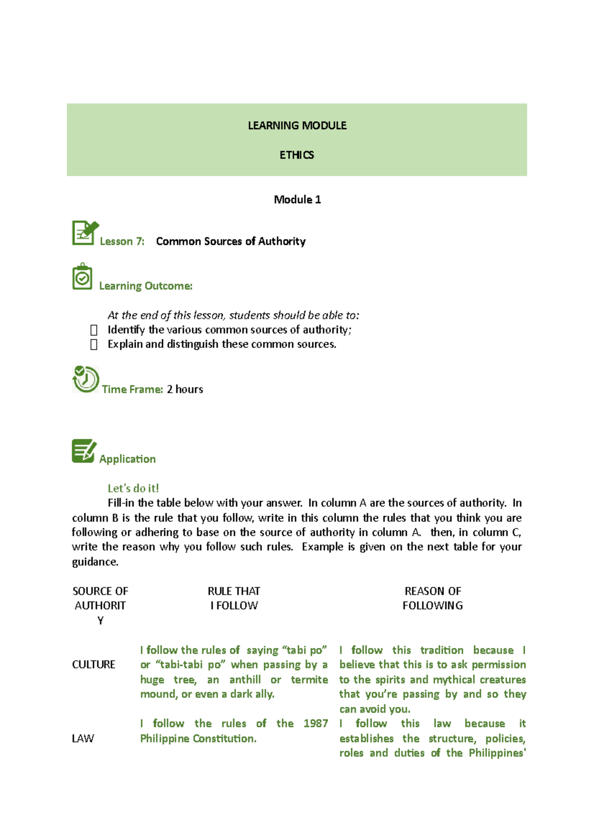Philo 10 Lesson 7 Application - LEARNING MODULE ETHICS Module 1 Lesson 7: Common Sources of ...