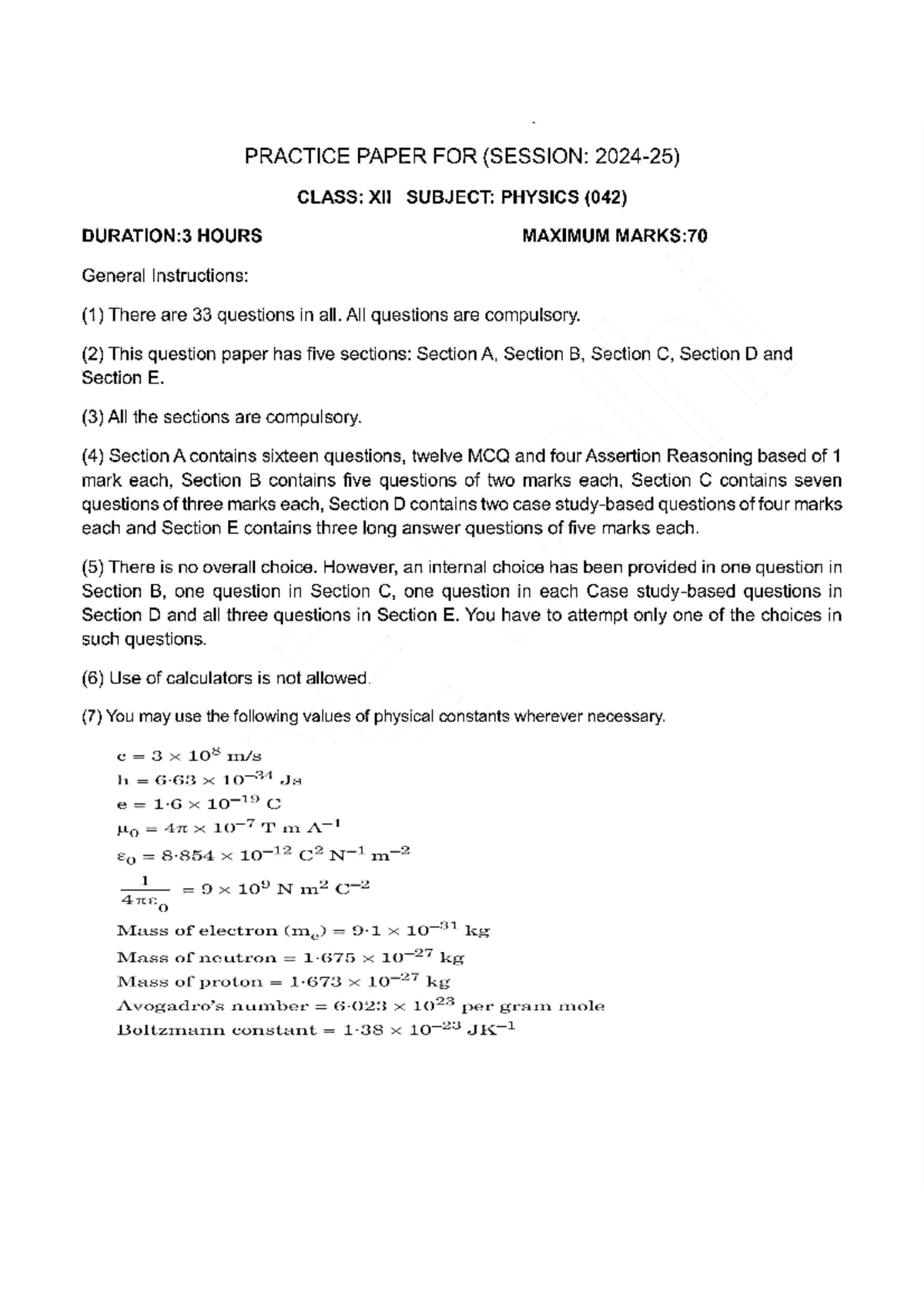 Physics EM - Sample Paper - PRACTICE PAPER FOR (SESSION: CLASS: XII ...