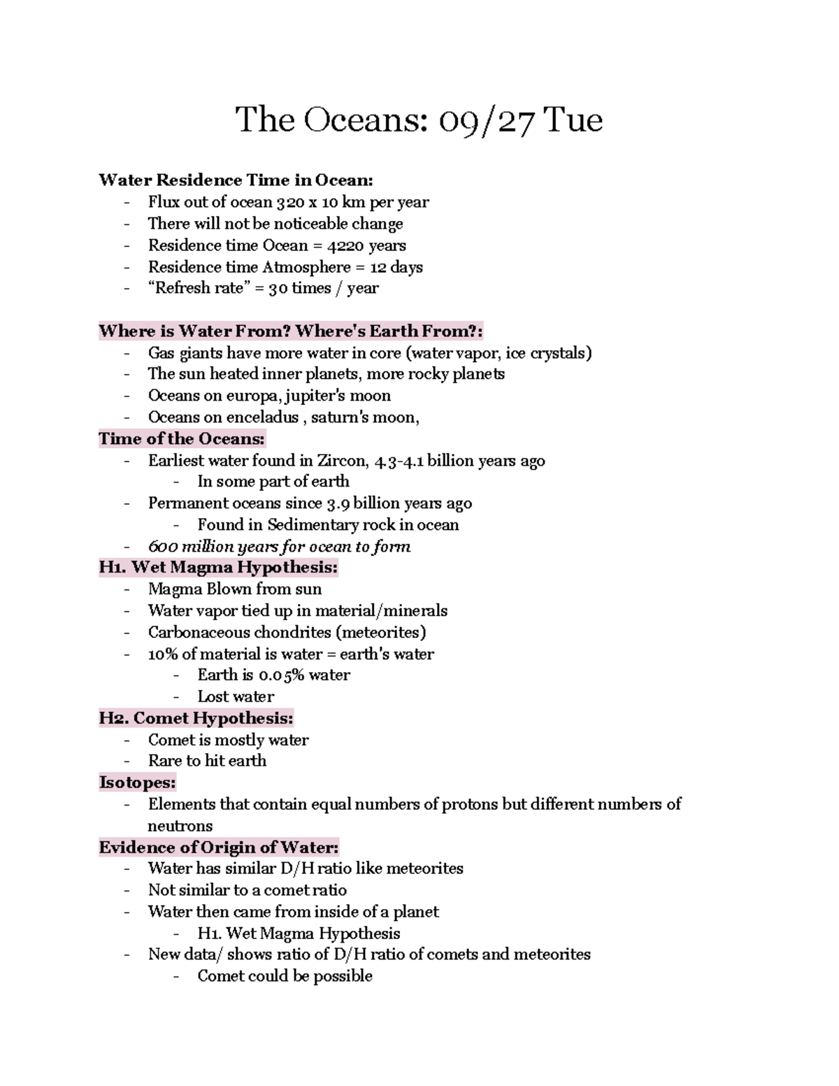 Oceans Lecture Notes - The Oceans: 09/27 Tue Water Residence Time in ...