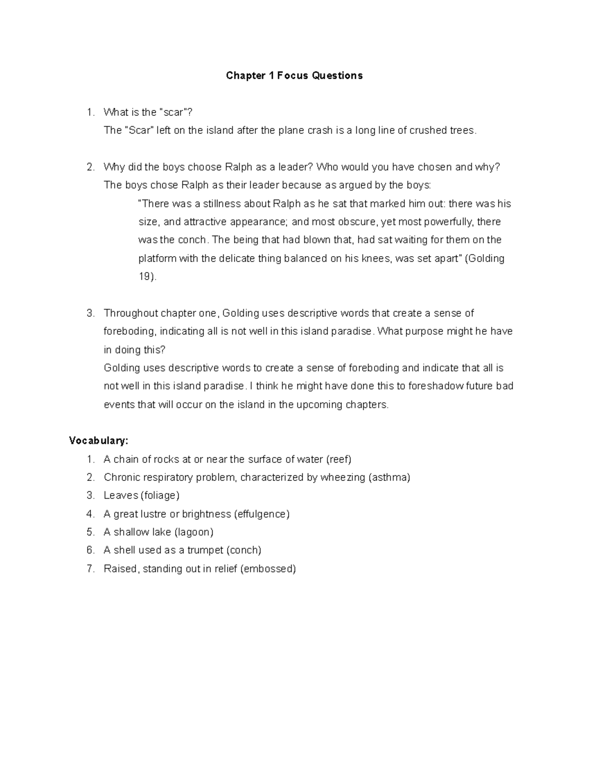 ENG3U - LOTF Focus Questions - Chapter 1 - Chapter 1 Focus Questions ...