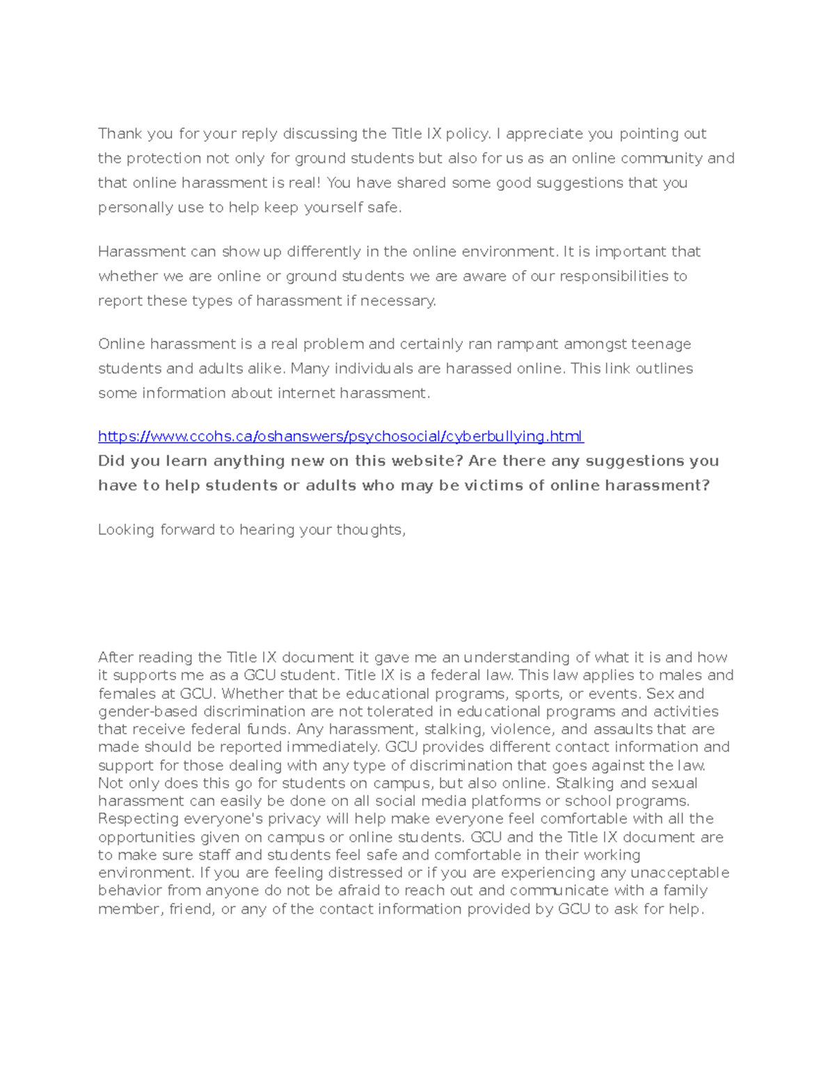 Internet Harassment - Weeks Practice. - Thank you for your reply ...