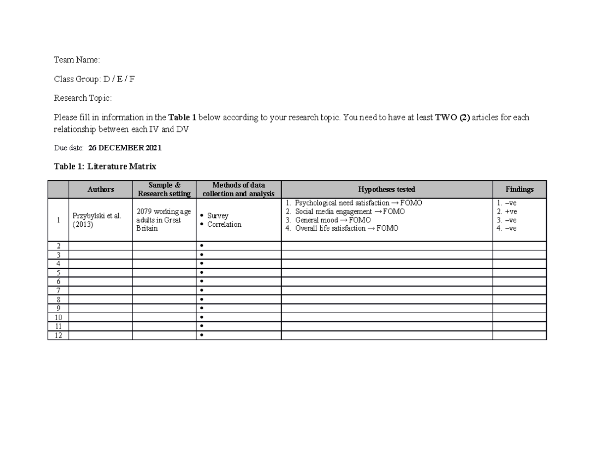 LR Matrix RP A211 - Team Name: Class Group: D / E / F Research Topic ...