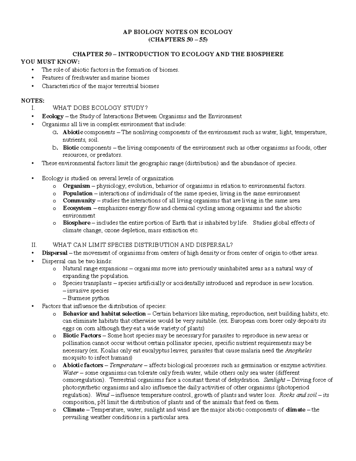 Biology AP-Ecology - bio - AP BIOLOGY NOTES ON ECOLOGY (CHAPTERS 50 ...