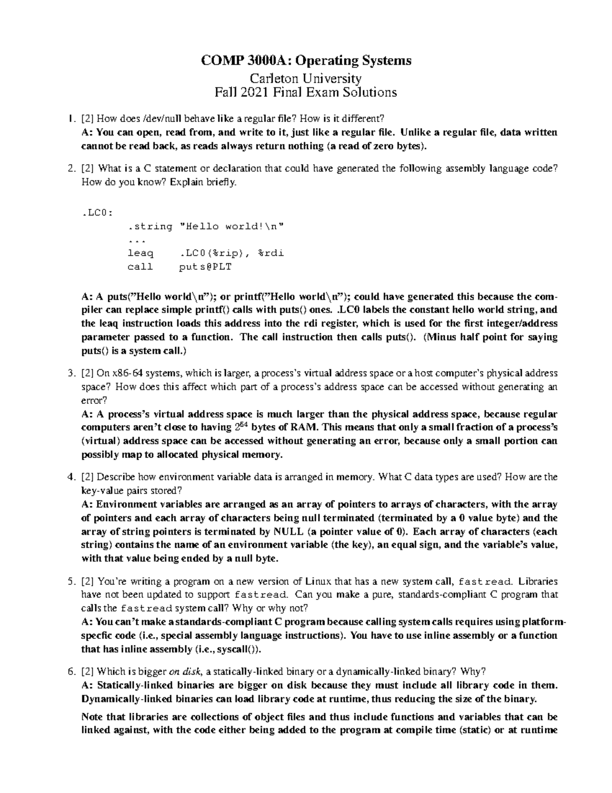 Comp3000 final 2021f sol - COMP 3000A: Operating Systems Carleton University Fall 2021 Final ...