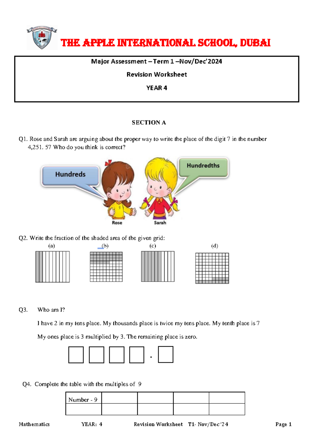 New Yr 4 Math Term1 Revision WorksheetMAth Updated - Mathematics YEAR ...