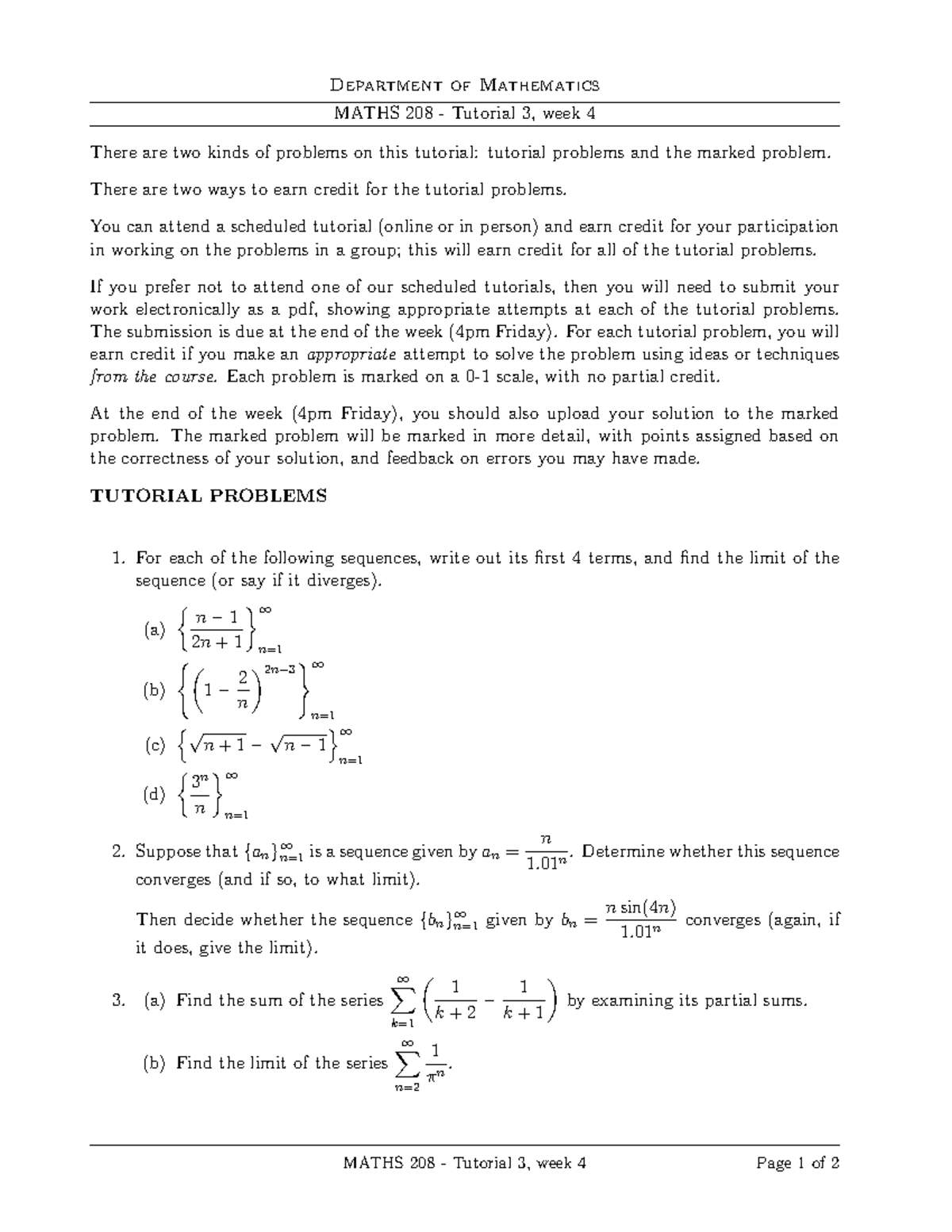 208 tut3 - Maths mark problem for revision - Department of Mathematics MATHS 208 - Tutorial 3 ...