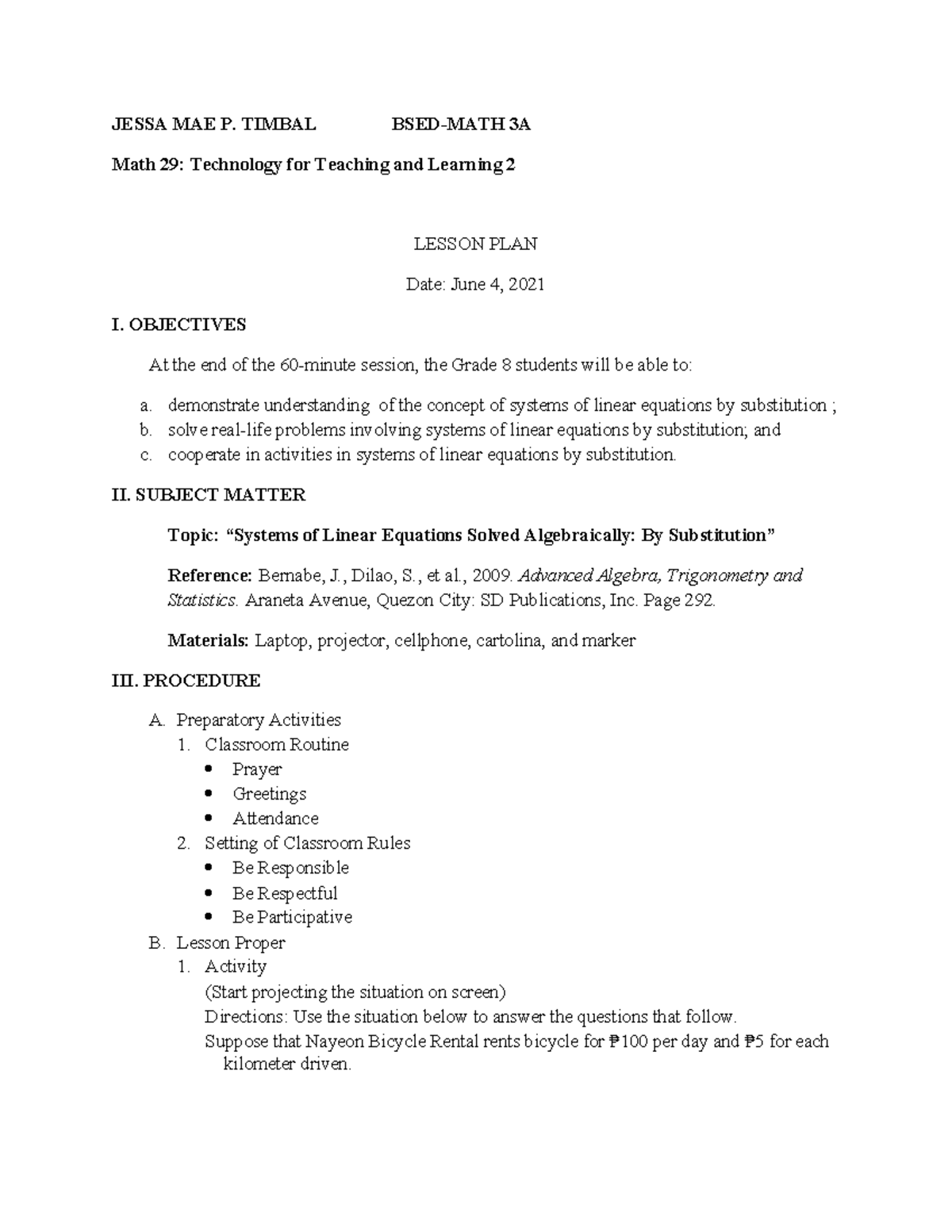 Lesson PLAN - none - JESSA MAE P. TIMBAL BSED-MATH 3A Math 29 ...