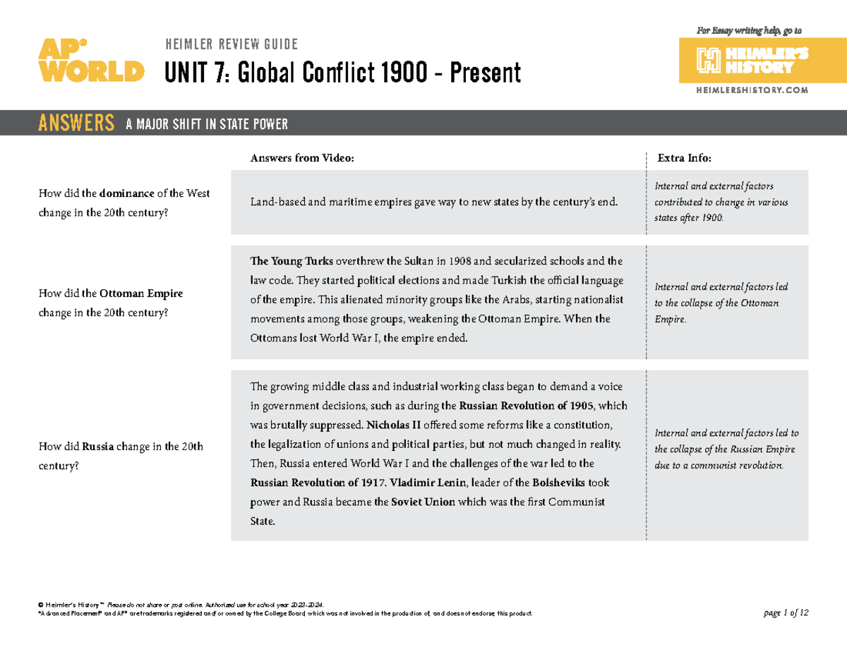 AP World HRG Unit 7 Noteguide Answers - UNIT 7: Global Conflict 1900 ...