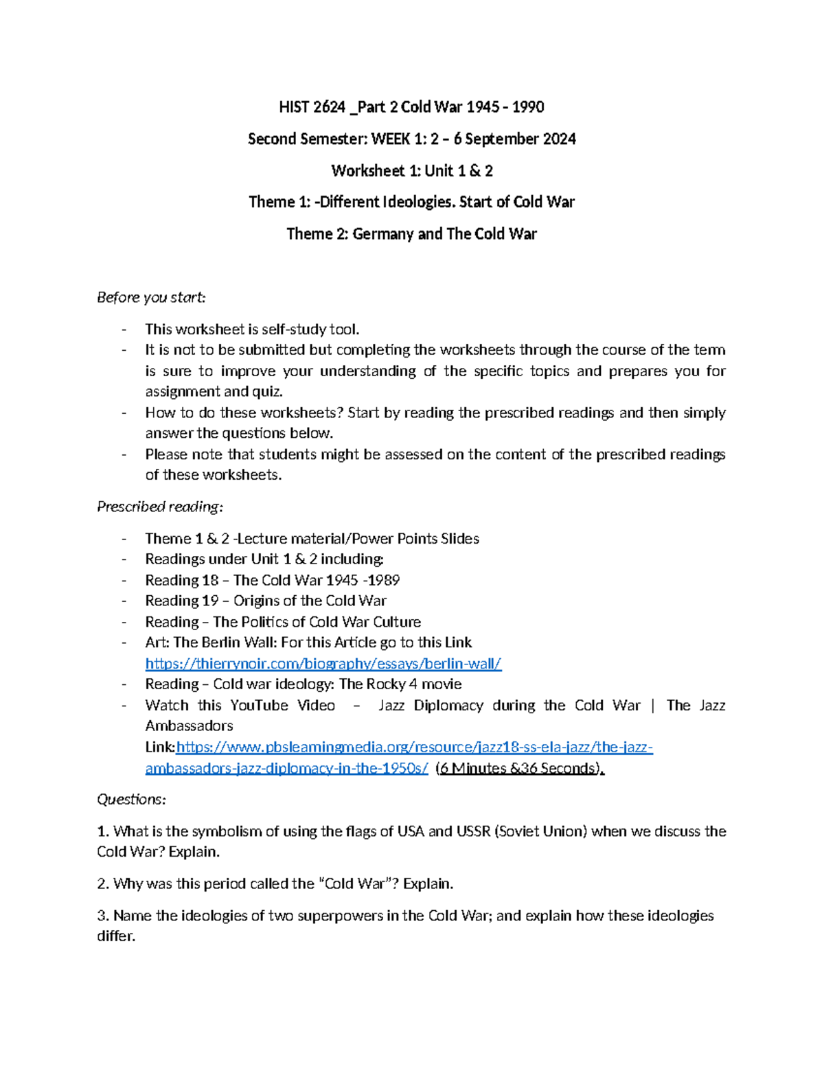 WEEK 1 Worksheet 1 Unit 1 Different Ideologies Start of Cold War & Unit ...