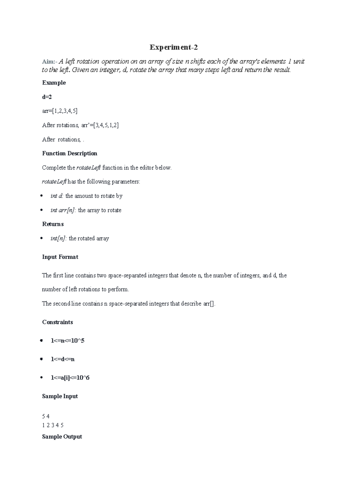 Experiment-2 - Experiment- Aim:- A left rotation operation on an array ...