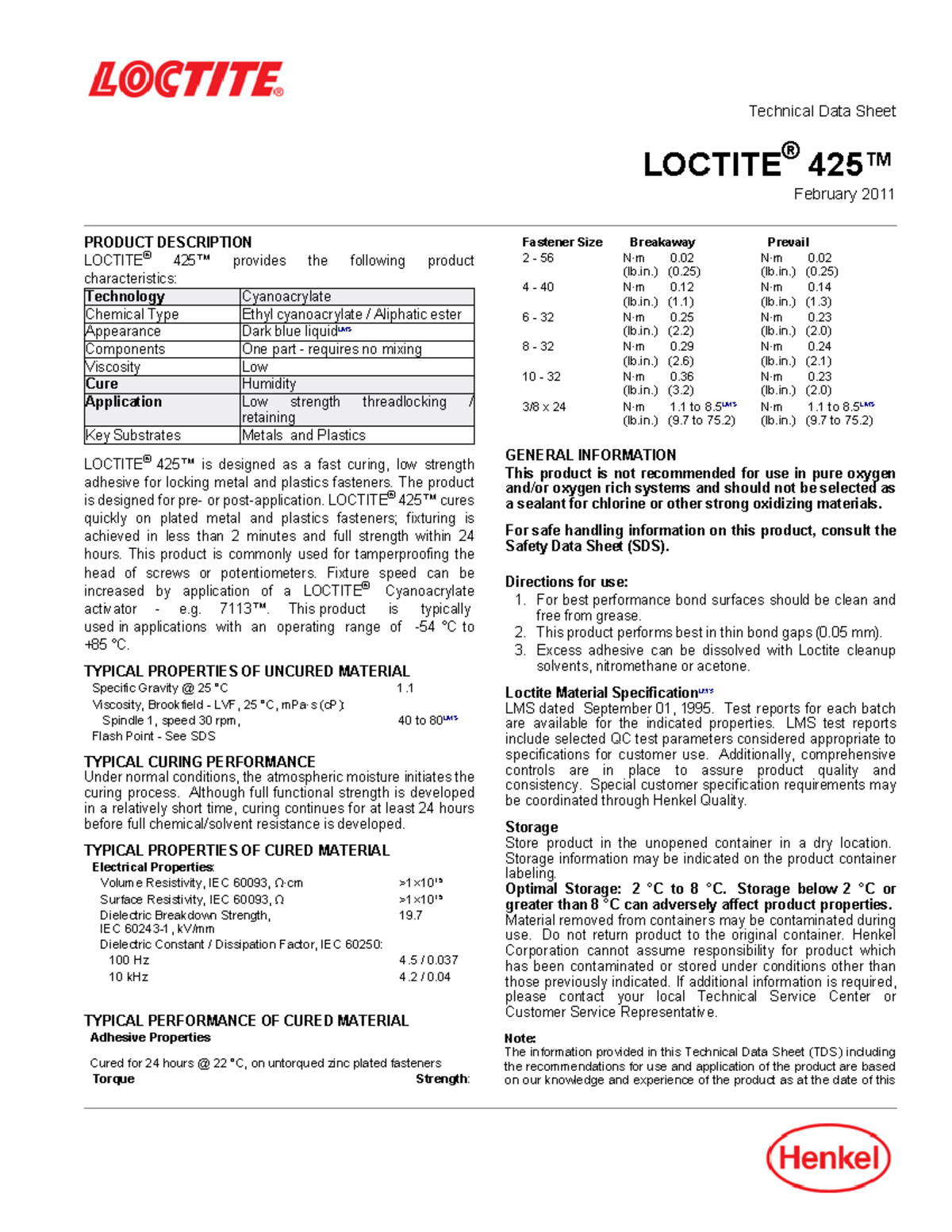 Loctite 425 - HENKEL - Technical Data Sheet LOCTITE ® 425™ February ...