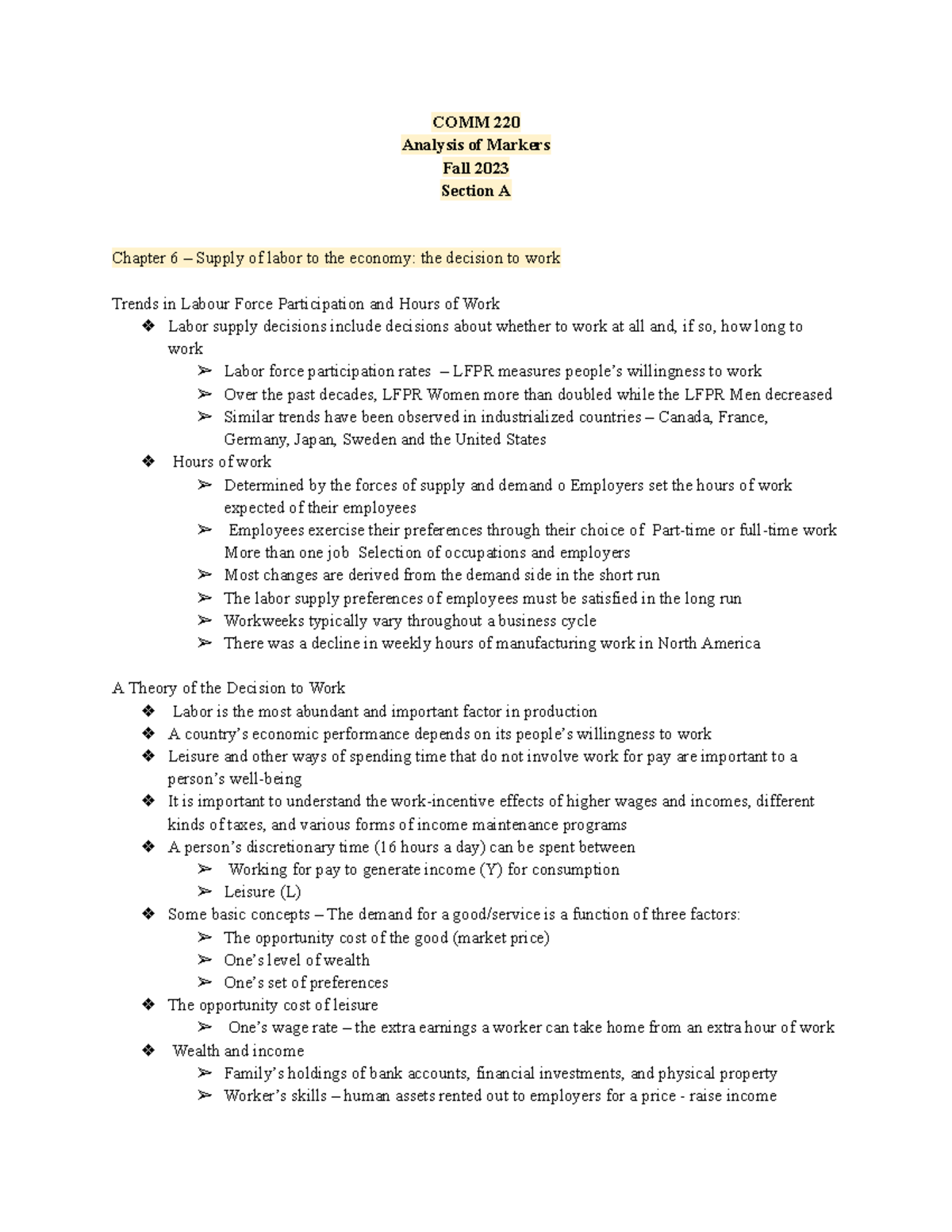 COMM 220 Chapter 6 - COMM 220 Analysis of Markers Fall 2023 Section A Chapter 6 – Supply of ...