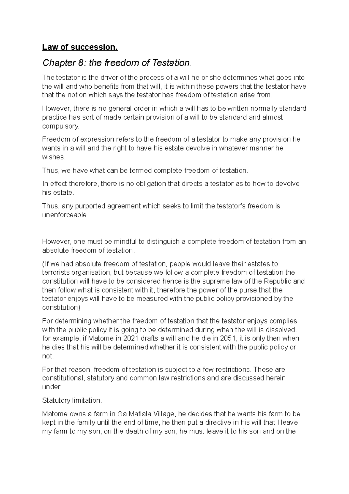 Law of succession notes for assessments purposes - JLSV211 - Mandela ...