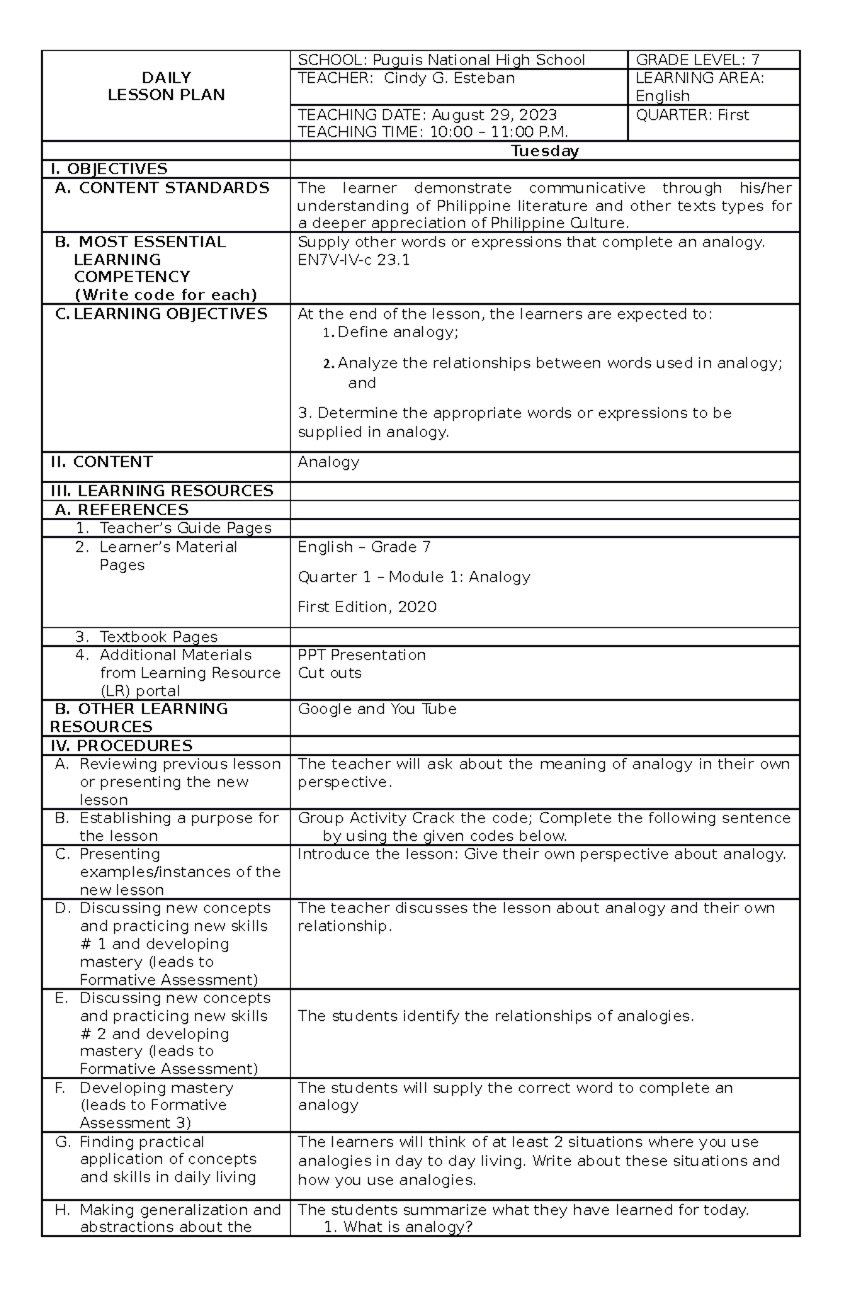 Grade 7 DLL- English WEEK 1 08-29 - DAILY LESSON PLAN SCHOOL: Puguis ...