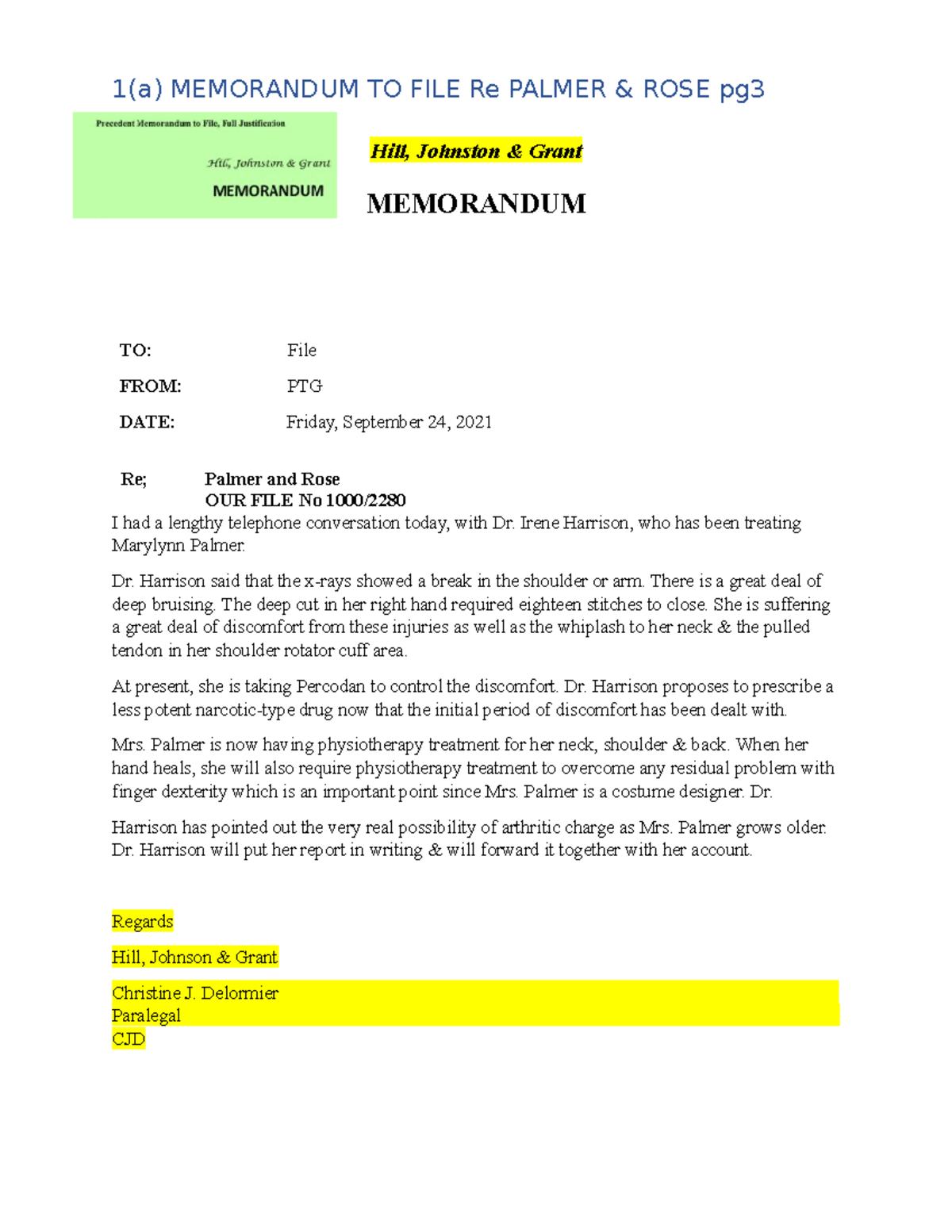 1(a) Memorandum to file A - 1(a) MEMORANDUM TO FILE Re PALMER & ROSE pg ...