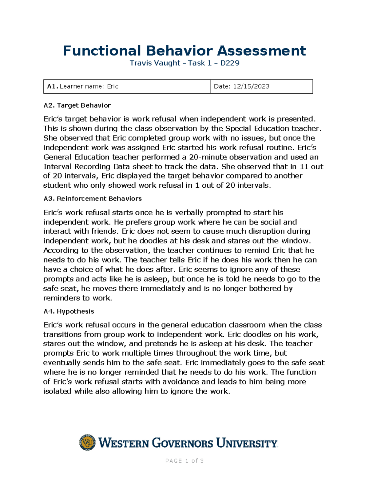 TASK1 D229 - Task 1 Passed - Functional Behavior Assessment Travis ...