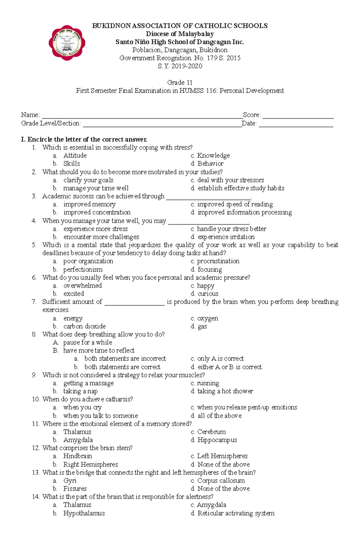 G11- Final-PER.DEV - BUKIDNON ASSOCIATION OF CATHOLIC SCHOOLS Diocese of Malaybalay Santo Niño ...
