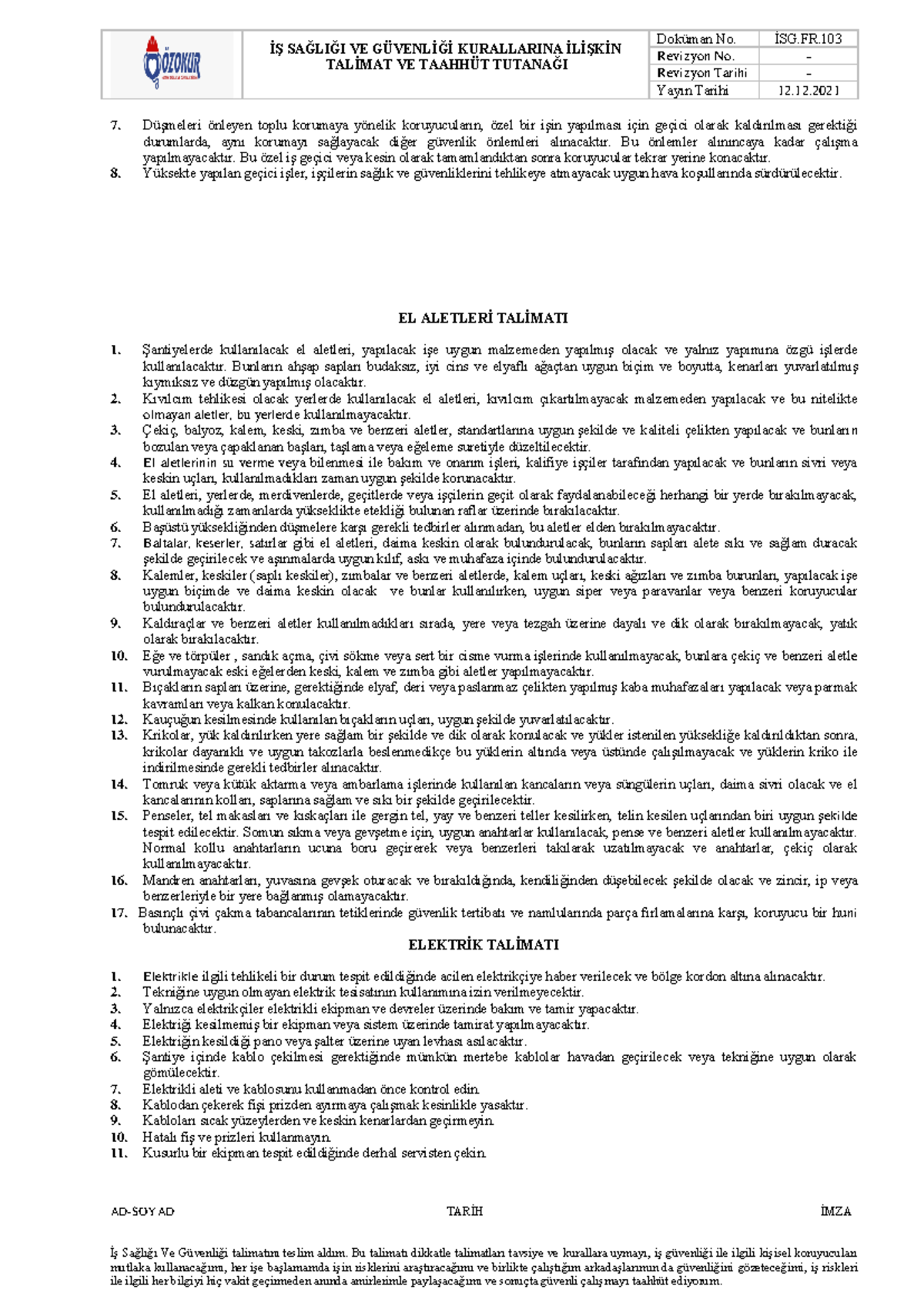 İSG-7 - isg2 - İŞ SAĞLIĞI VE GÜVENLİĞİ KURALLARINA İLİŞKİN TALİMAT VE TAAHHÜT TUTANAĞI Doküman ...