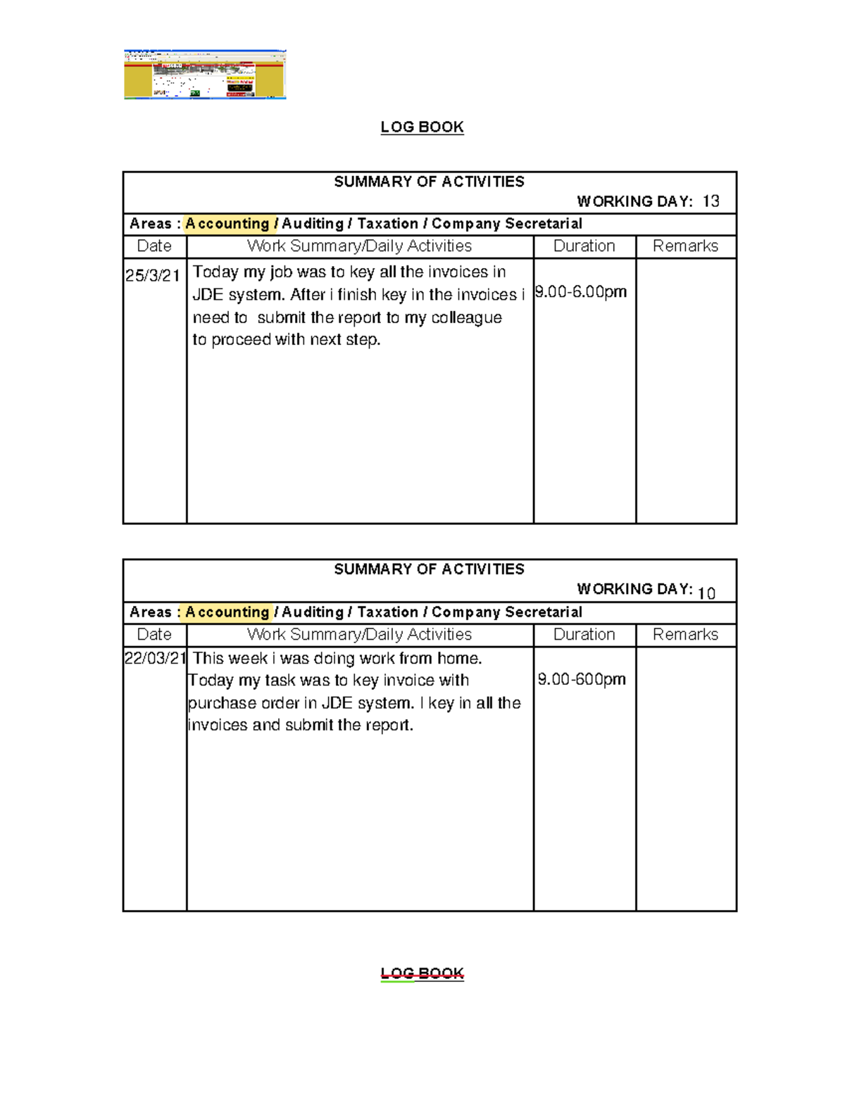 Log book - 4 - summary - LOG BOOK SUMMARY OF ACTIVITIES WORKING DAY ...
