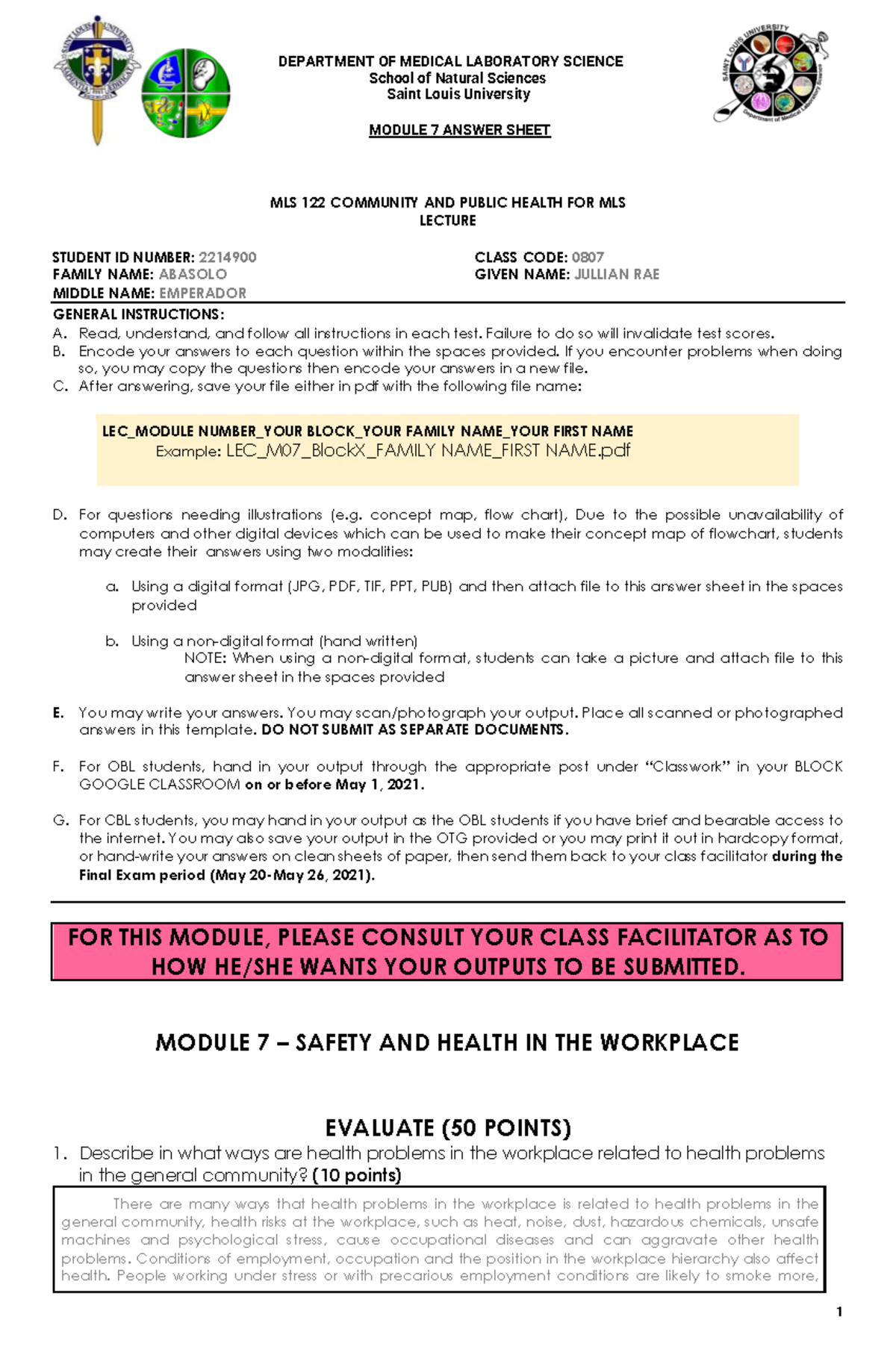 MLS 122 Lecture 2020 2021 Module 7 Answer Sheet - Medical Laboratory ...