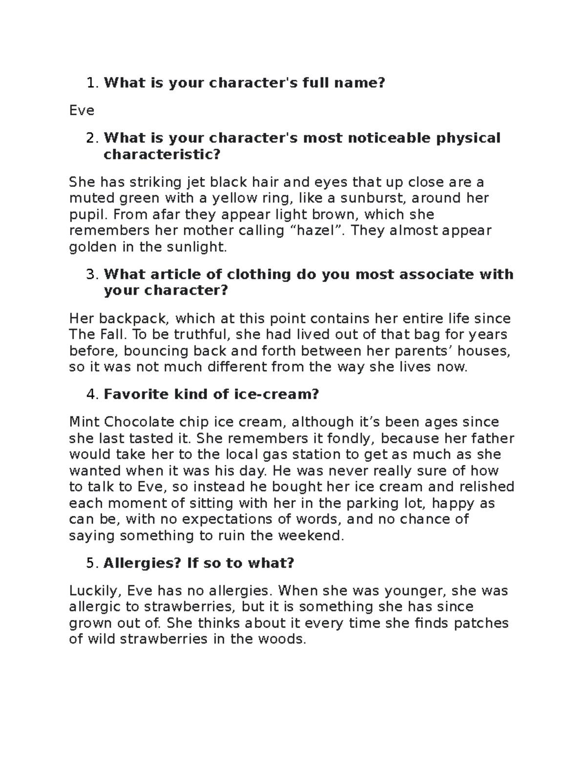 20 Questions Part 2 What Is Your Character s Full Name Eve What Is