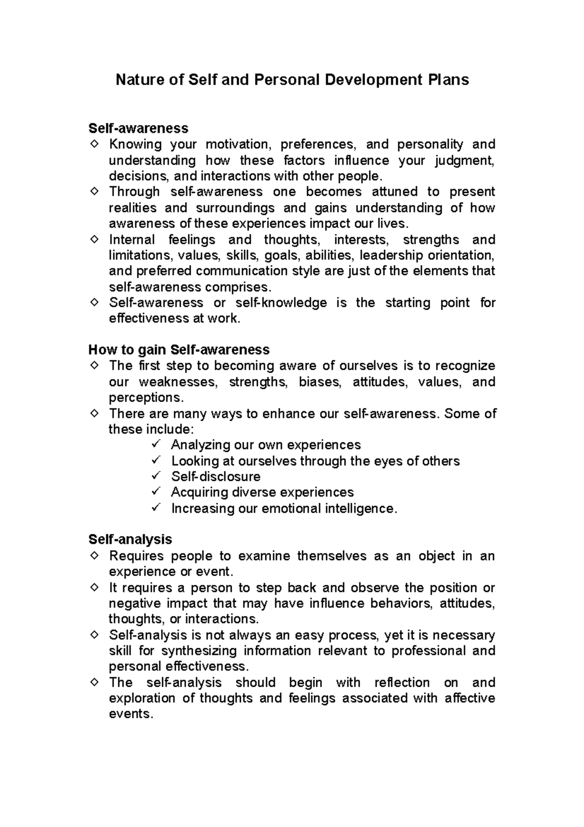 Nature of Self and Personal Development Plans - LTS Lecture - Nature of Self and Personal - Studocu