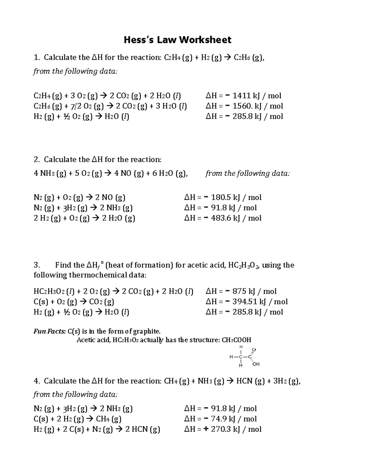 Hess's Law Worksheet - how to use hess law - Hess’s Law Worksheet ...