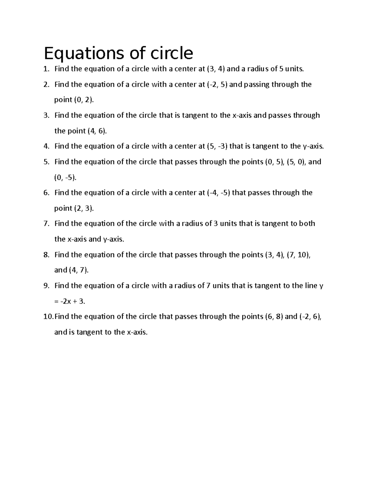 Equations of circle - self-made worksheet for calculus2 - Equations of ...