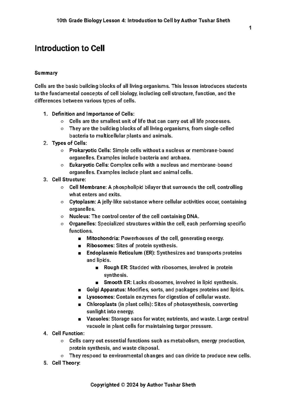 10th Grade Biology Lesson 4 Introduction to Cell - This lesson ...