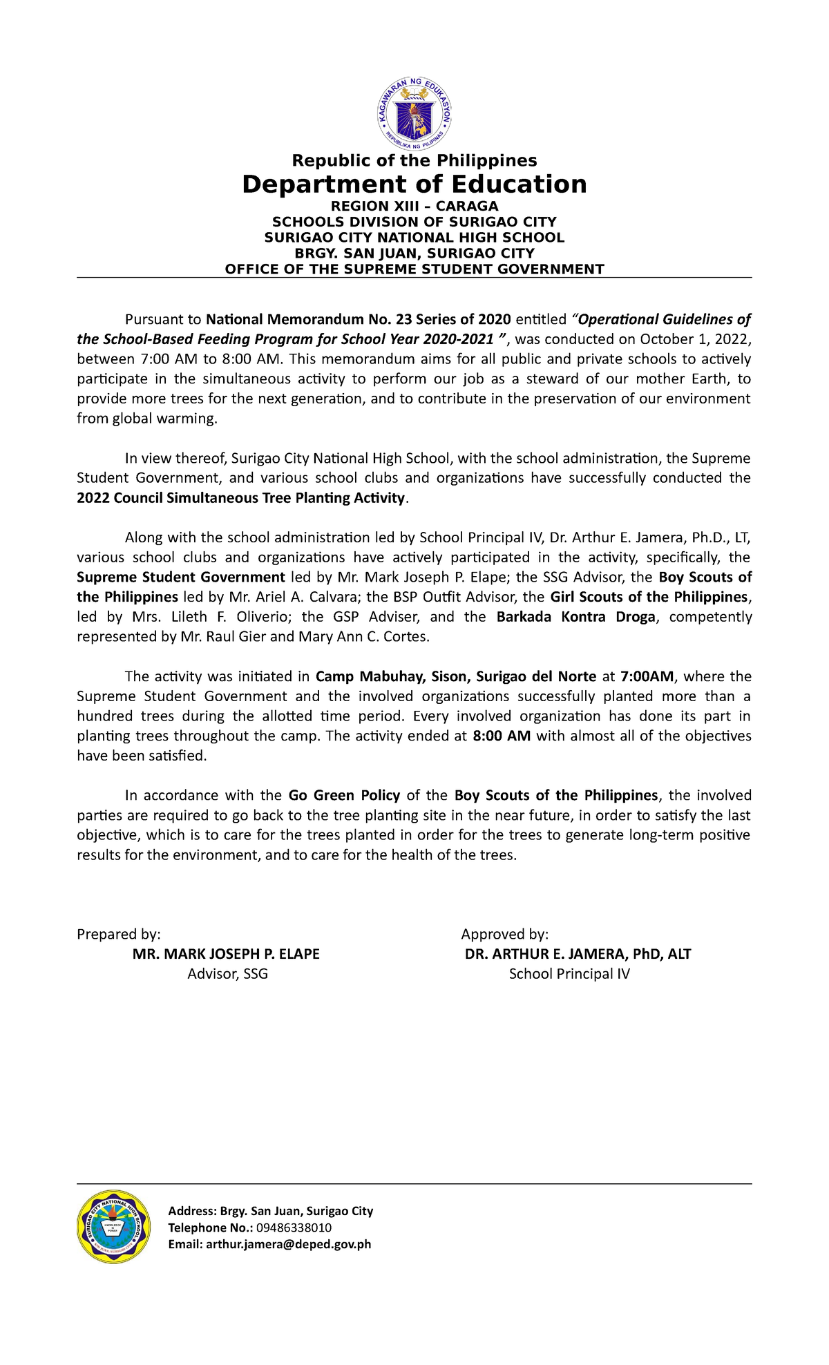 Narrative-Report feeding - Republic of the Philippines Department of Education REGION XIII ...
