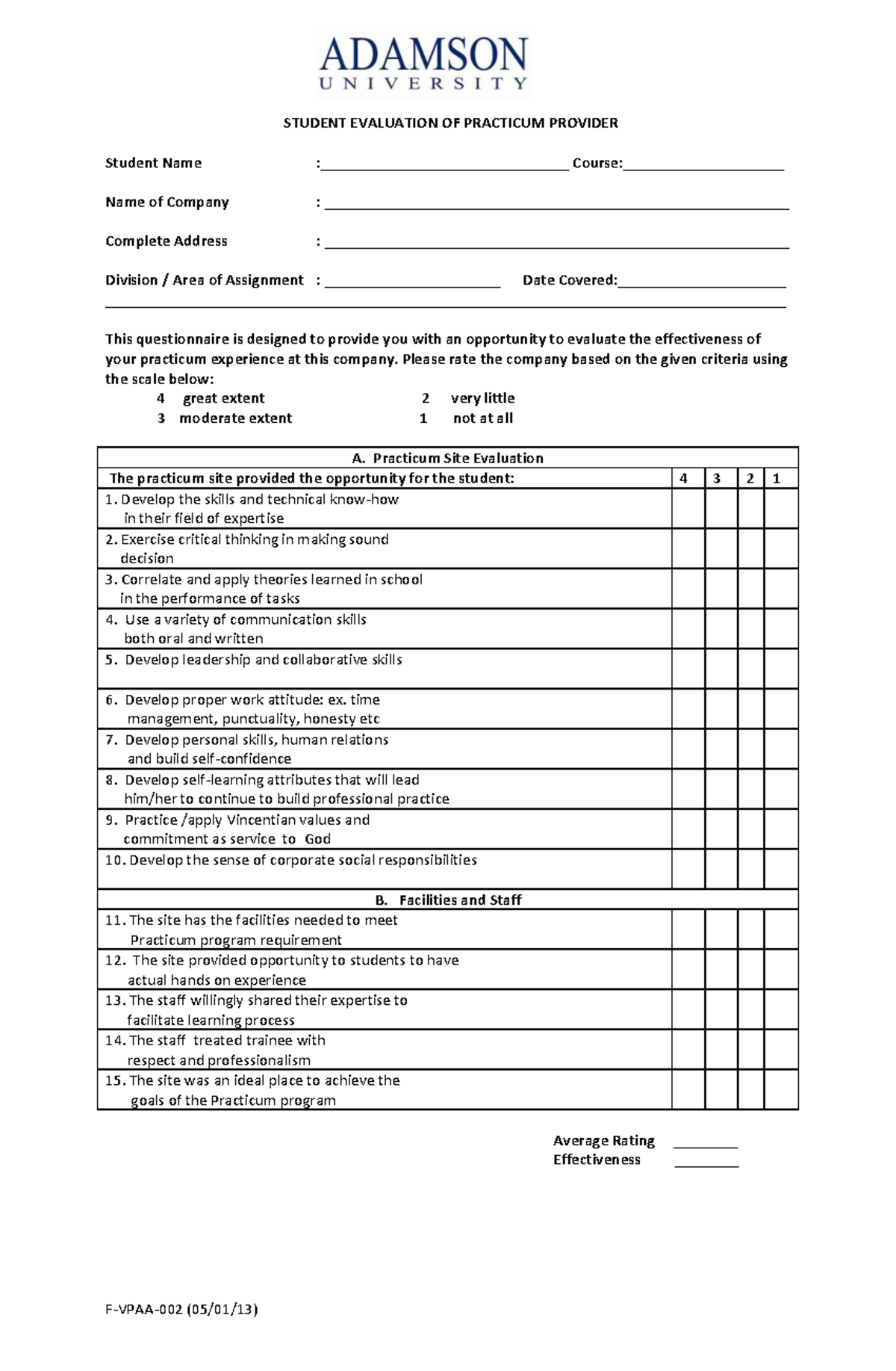 A1. Form Student Evaluation OF Practicum Provider - F-VPAA-002 (05/01 ...
