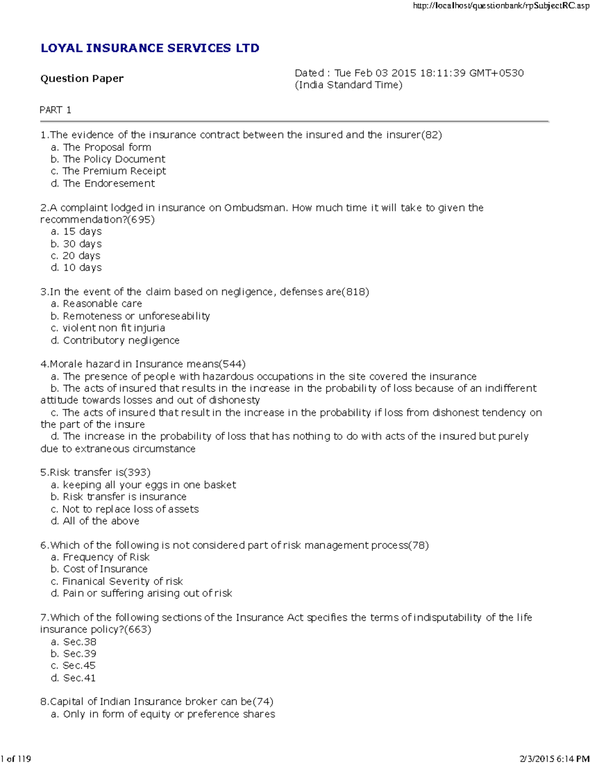 Multiple choice questions of insurance programme - - Studocu
