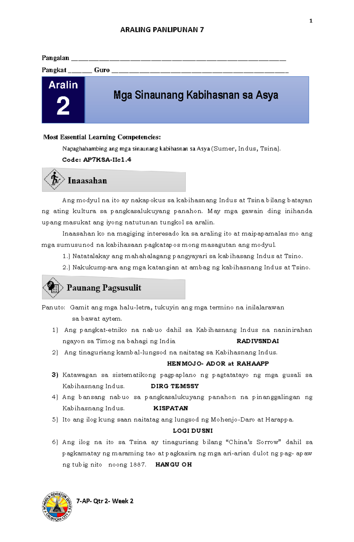 AP 7 Q2 Week 2 - AP WEEK 2 - ARALING PANLIPUNAN 7 Pangalan - Studocu