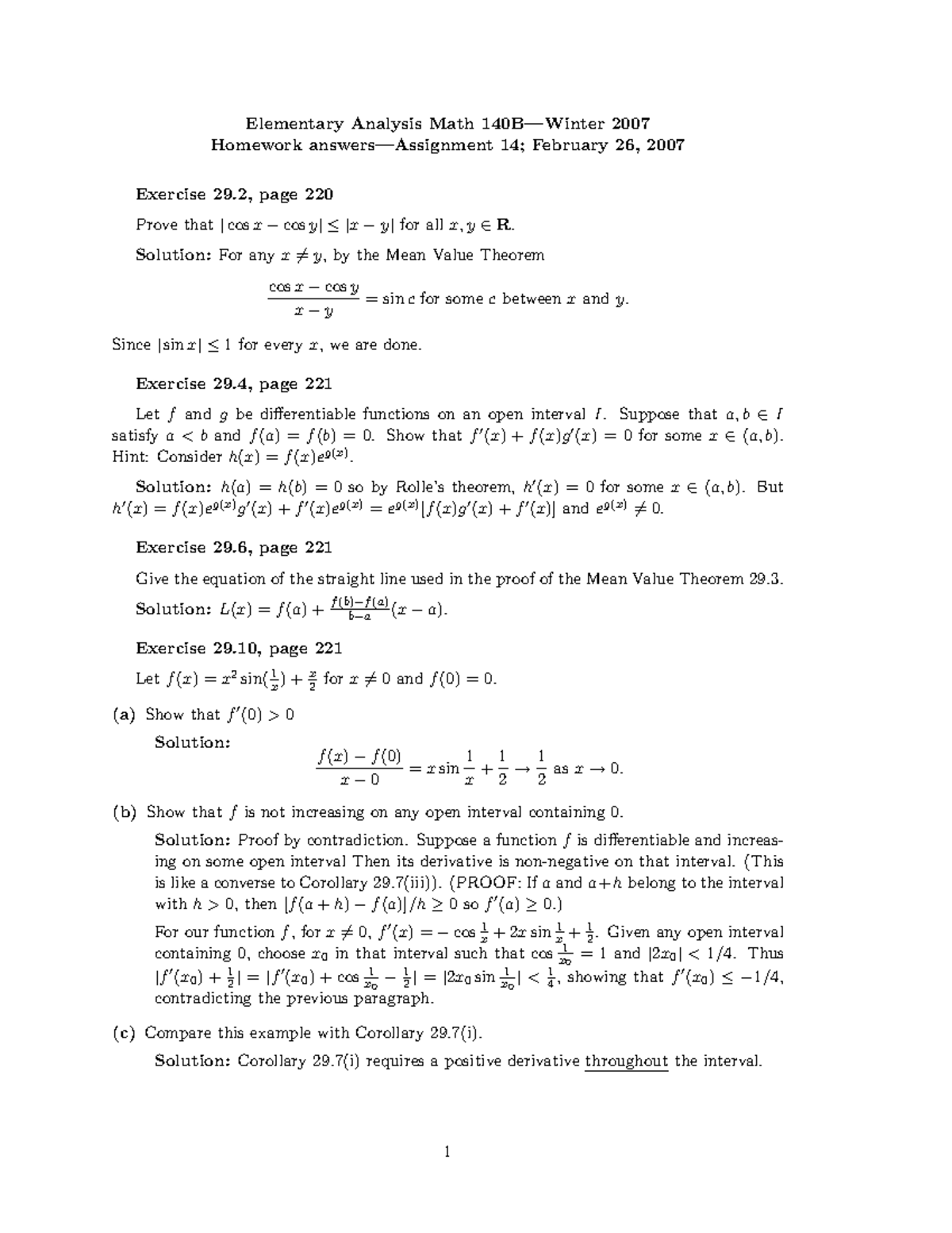 140bhwsol 14 - mathematics - Elementary Analysis Math 140B—Winter 2007 Homework answers ...