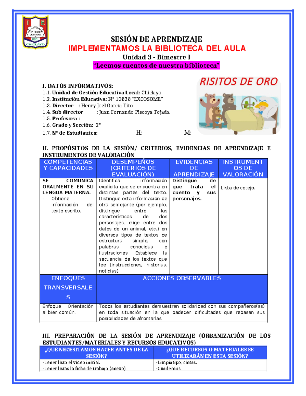 Sesion DE Aprendizaje- Leemos Cuentos - SESIÓN DE APRENDIZAJE IMPLEMENTAMOS LA BIBLIOTECA DEL ...