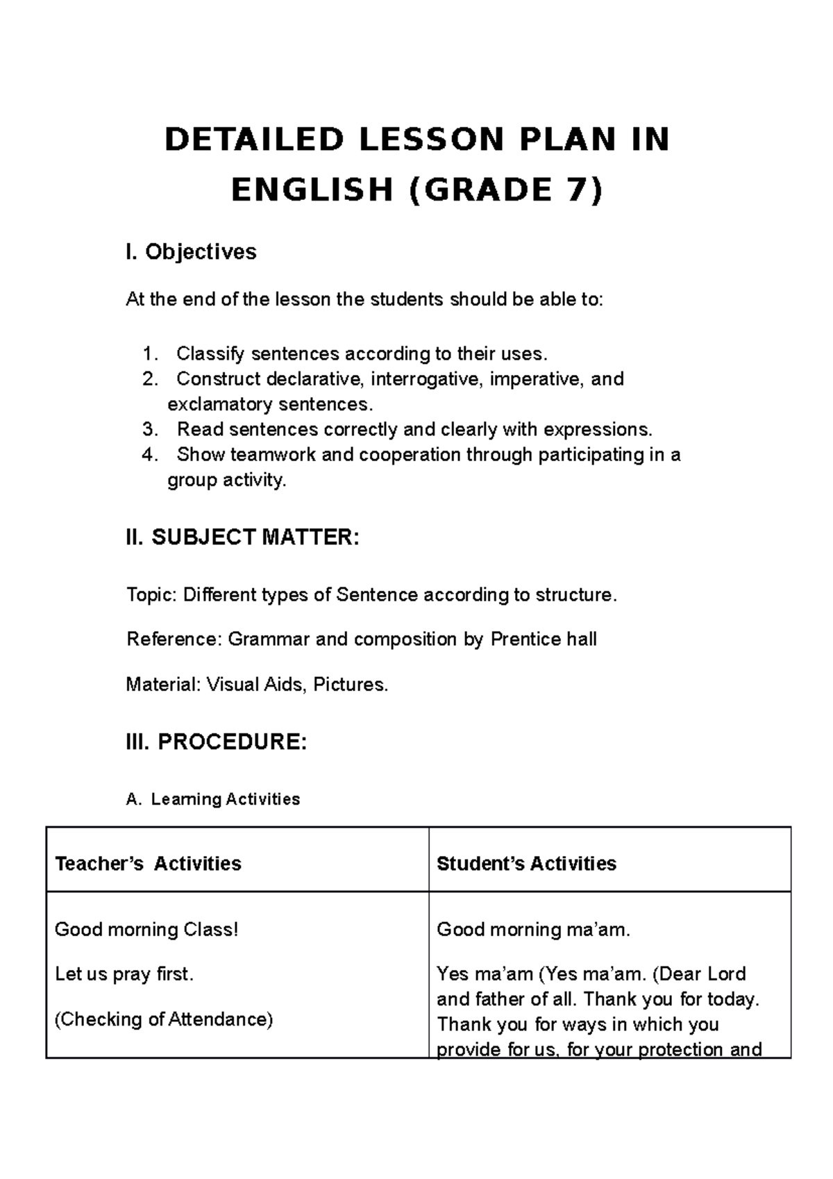 Detailed Lesson PLAN IN English Grade 7 - DETAILED LESSON PLAN IN ...