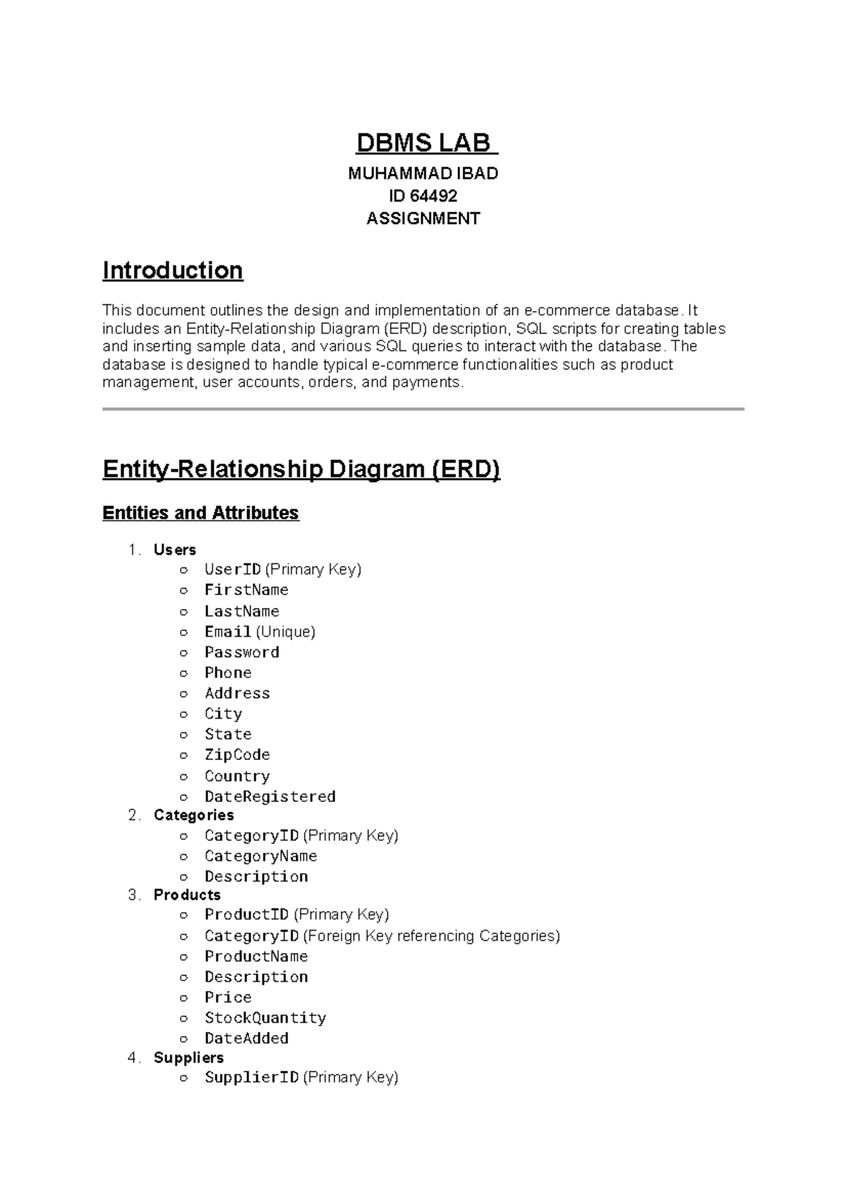 Dbms Lab Assignment Dbms Lab Muhammad Ibad Id 64492 Assignment Introduction This Document