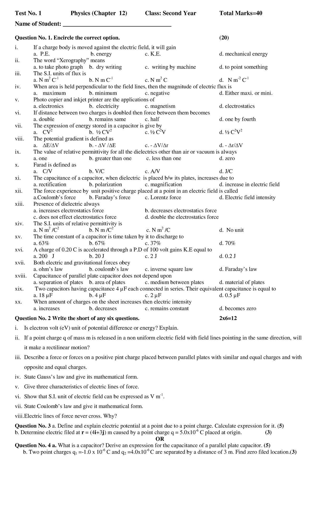 Test Chapter 12 - Notes - Test No. 1 Physics (Chapter 12) Class: Second ...