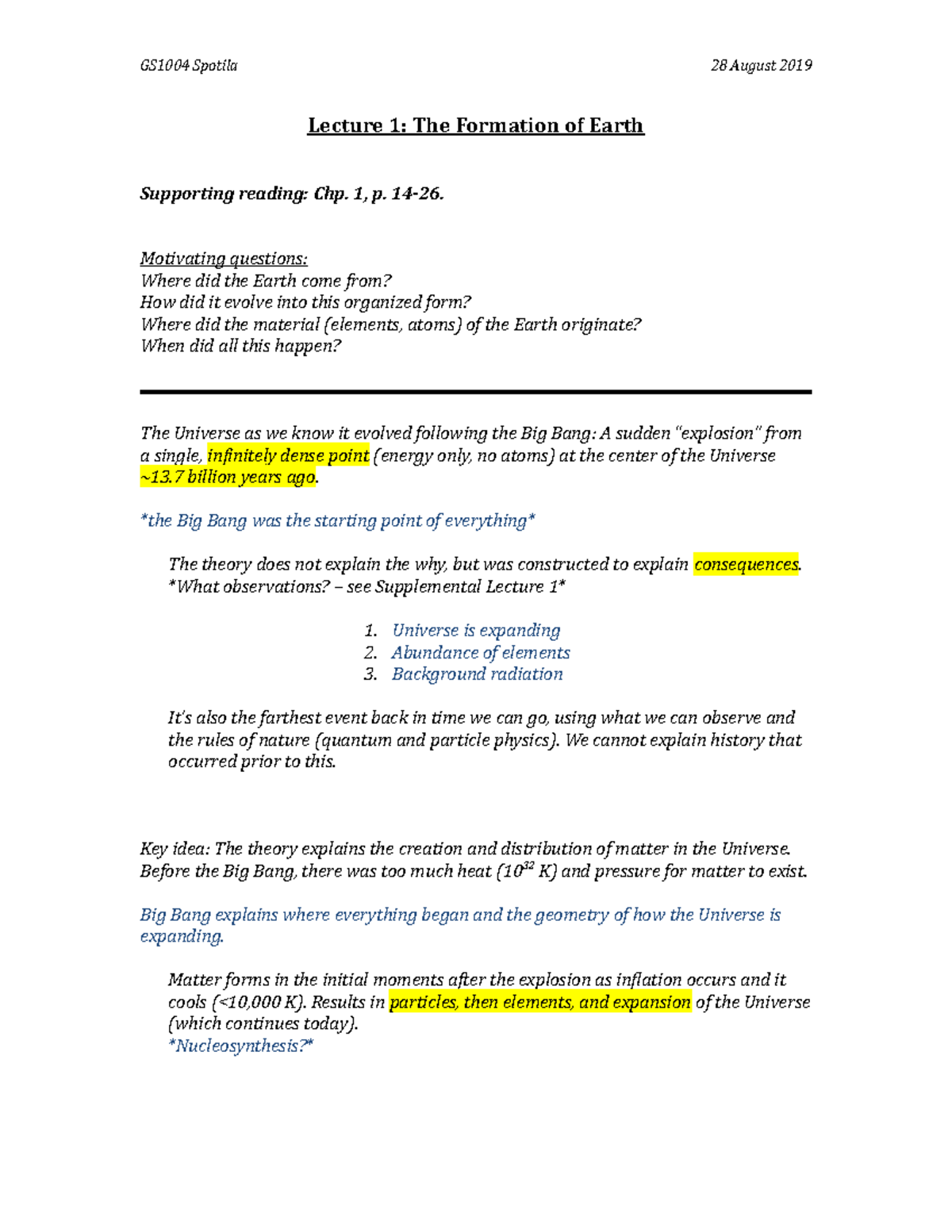 GEOS-Lecture Notes 1 - Lecture 1: The Formation of Earth Supporting ...