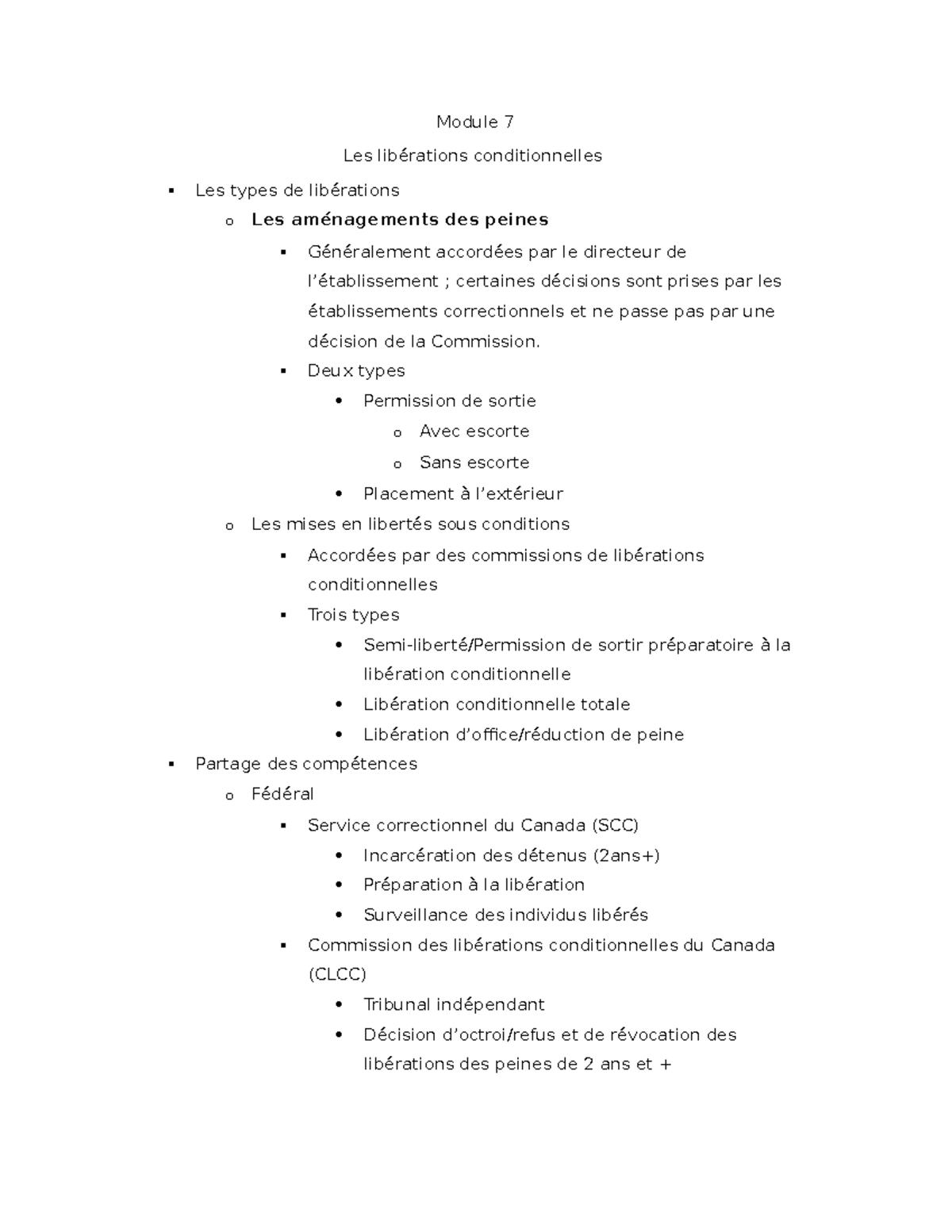 Module 7 - Notes de cour - Module 7 Les libérations conditionnelles Les ...
